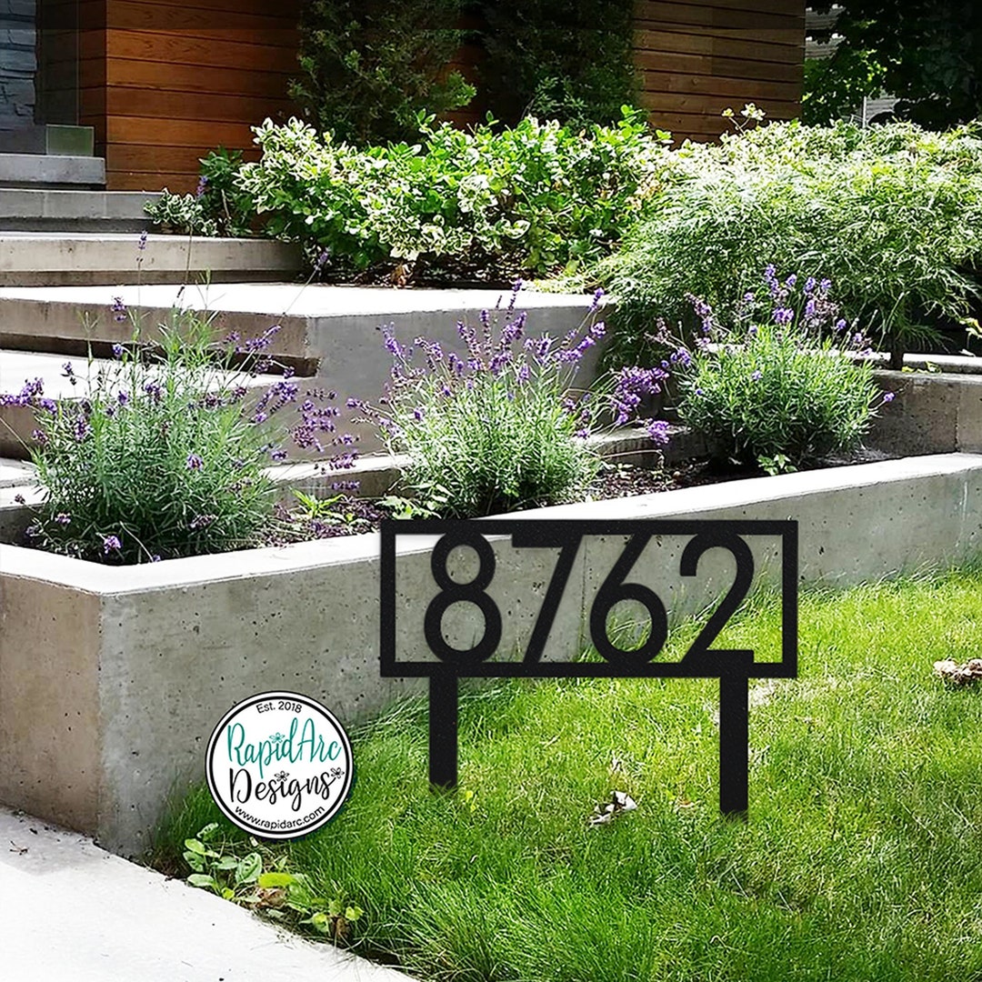 Modern Metal House Number Sign With Stakes | Modern Deco Font Address ...