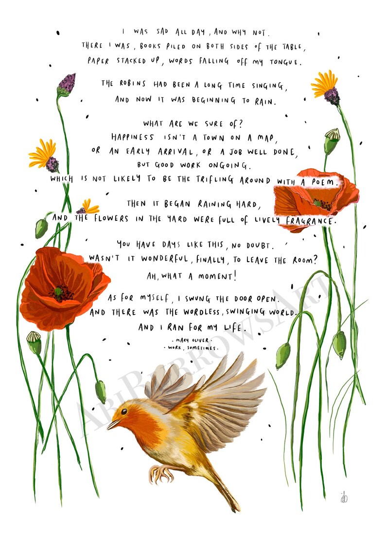 Work Sometimes by Mary Oliver / Bird Robin Poem Art Print | Etsy