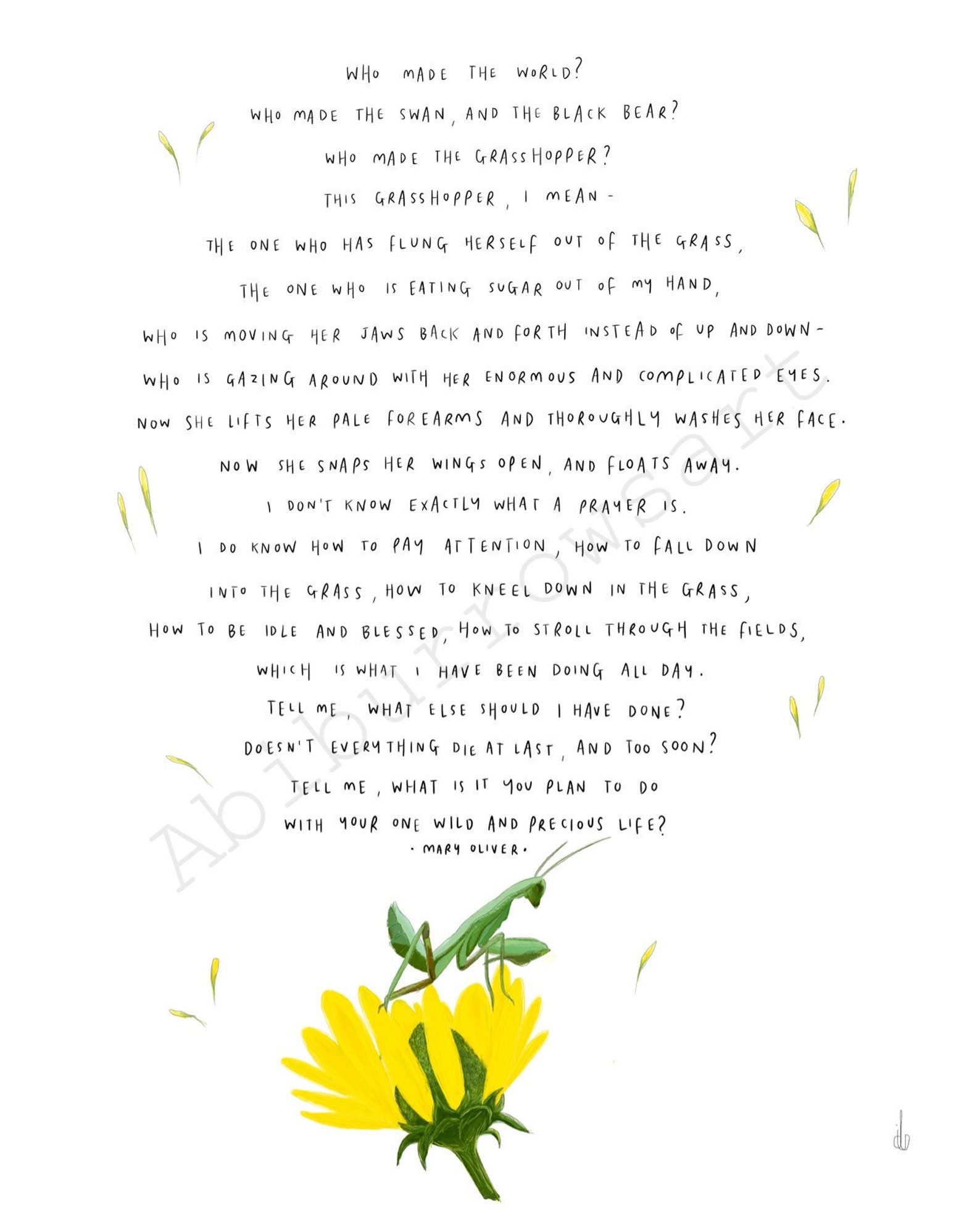 Summers Day by Mary Oliver / Grasshopper / Wild Precious Life | Etsy