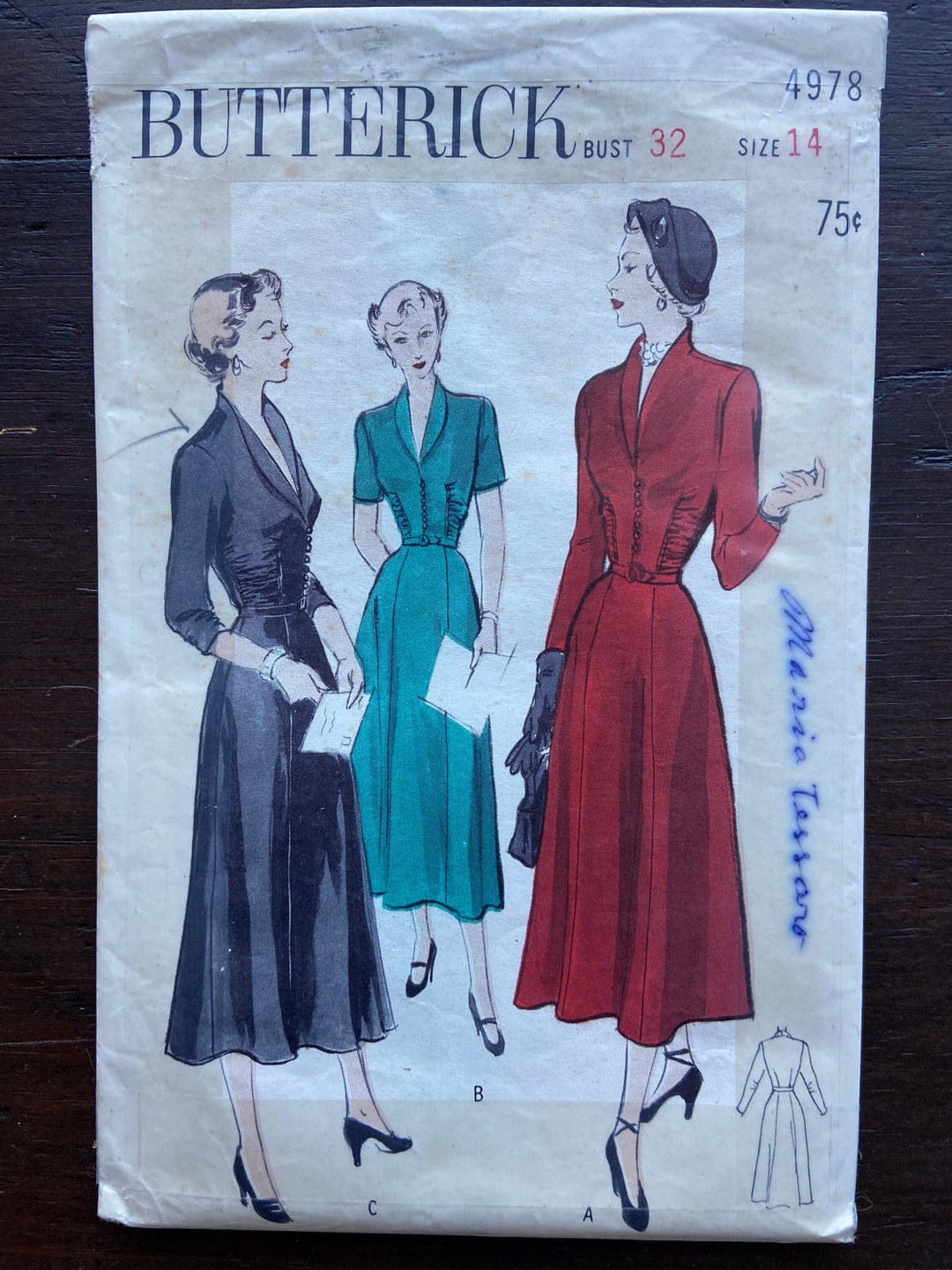 Original 1940s Butterick Unprinted Sewing Pattern 4978, Complete, 32 ...