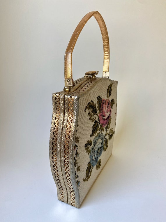 Vintage 1950s Needlepoint Structured Box Handbag, Tap… - Gem