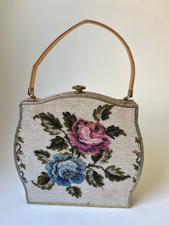 Vintage 1950s Needlepoint Structured Box Handbag, Tap… - Gem