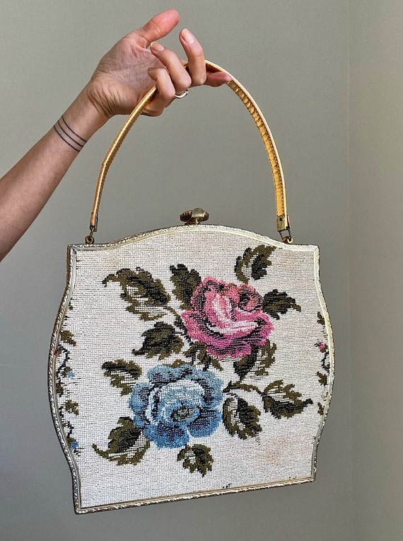 Vintage 1950s Needlepoint Structured Box Handbag, Tap… - Gem