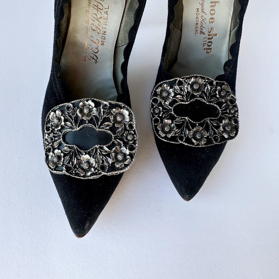 Antique Metal Shoe Buckles, Floral Design, Silver Tone - Etsy