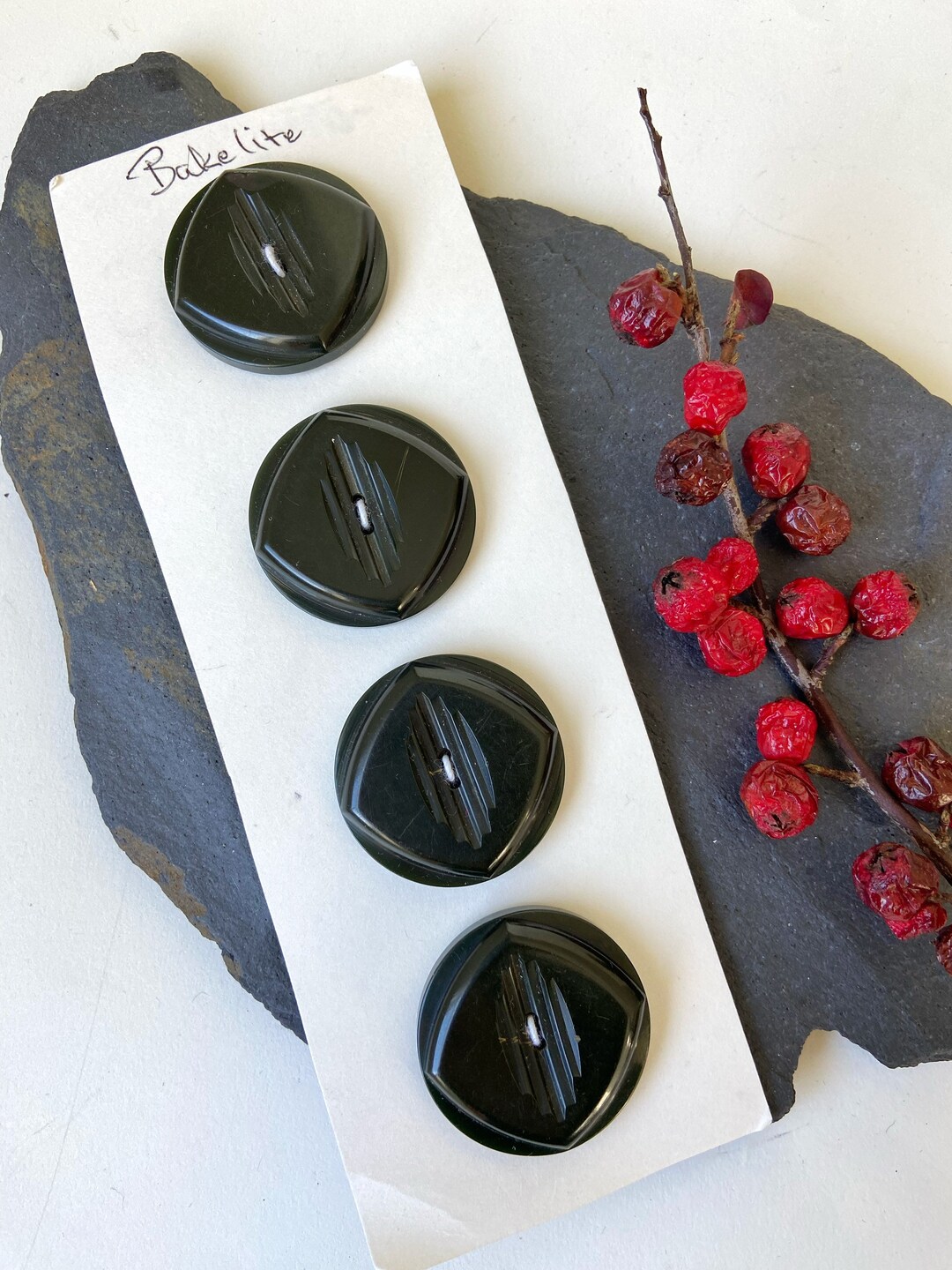 Vintage 1940s Carved Bakelite Buttons (4), Large Round Dark Algae Green ...