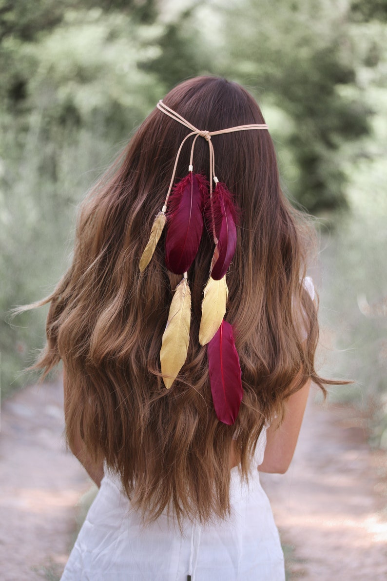 Wine Red and Gold Feather Headpiece Boho Headpiece Bohemian Bridal ...