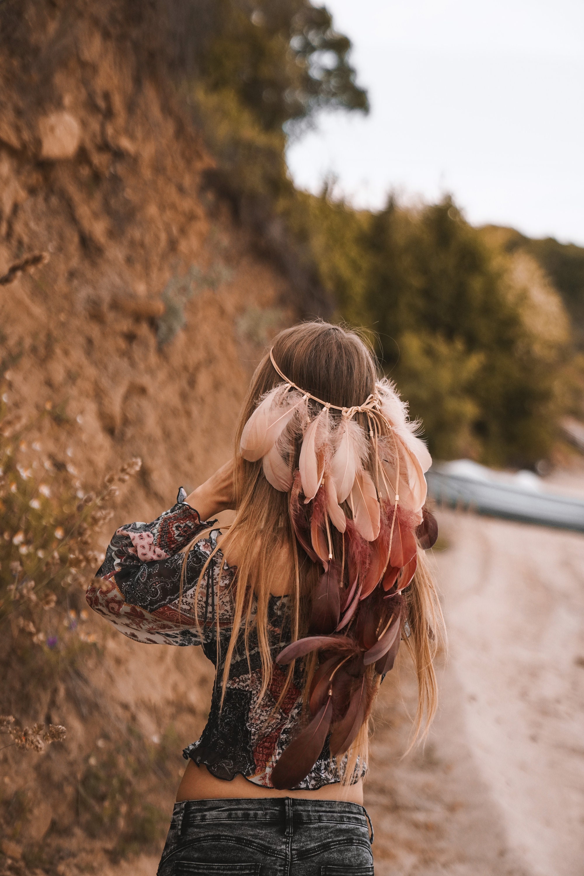 Beige Brown Feather Headpiece Boho Bohemian Headband Festive Native ...