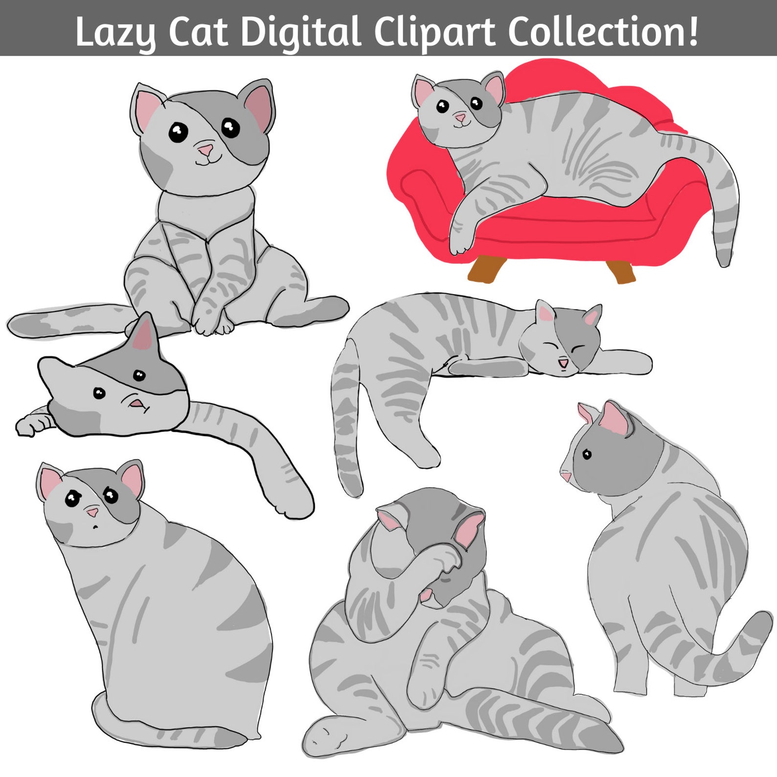 Lazy Cat Digital Clipart Collection Limited Commercial Use - Etsy UK