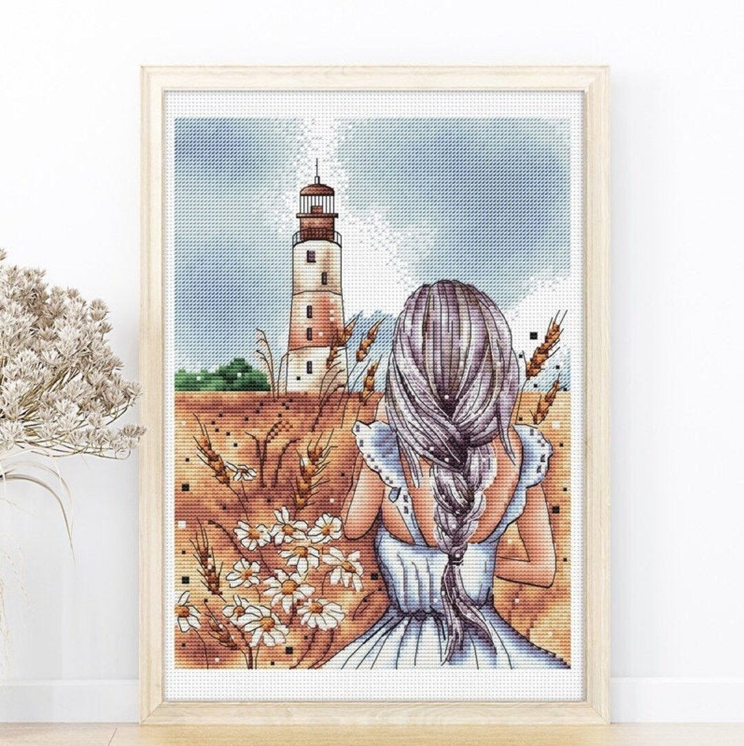 Wheat Field Cross Stitch Pattern, Lighthouse Cross Stitch Design, Girl ...
