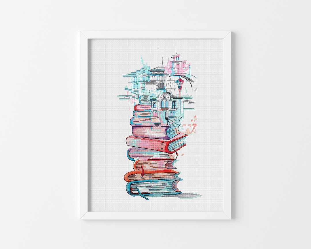 Book Stack City Cross Stitch Pattern PDF – Watercolor Skyline, Book ...