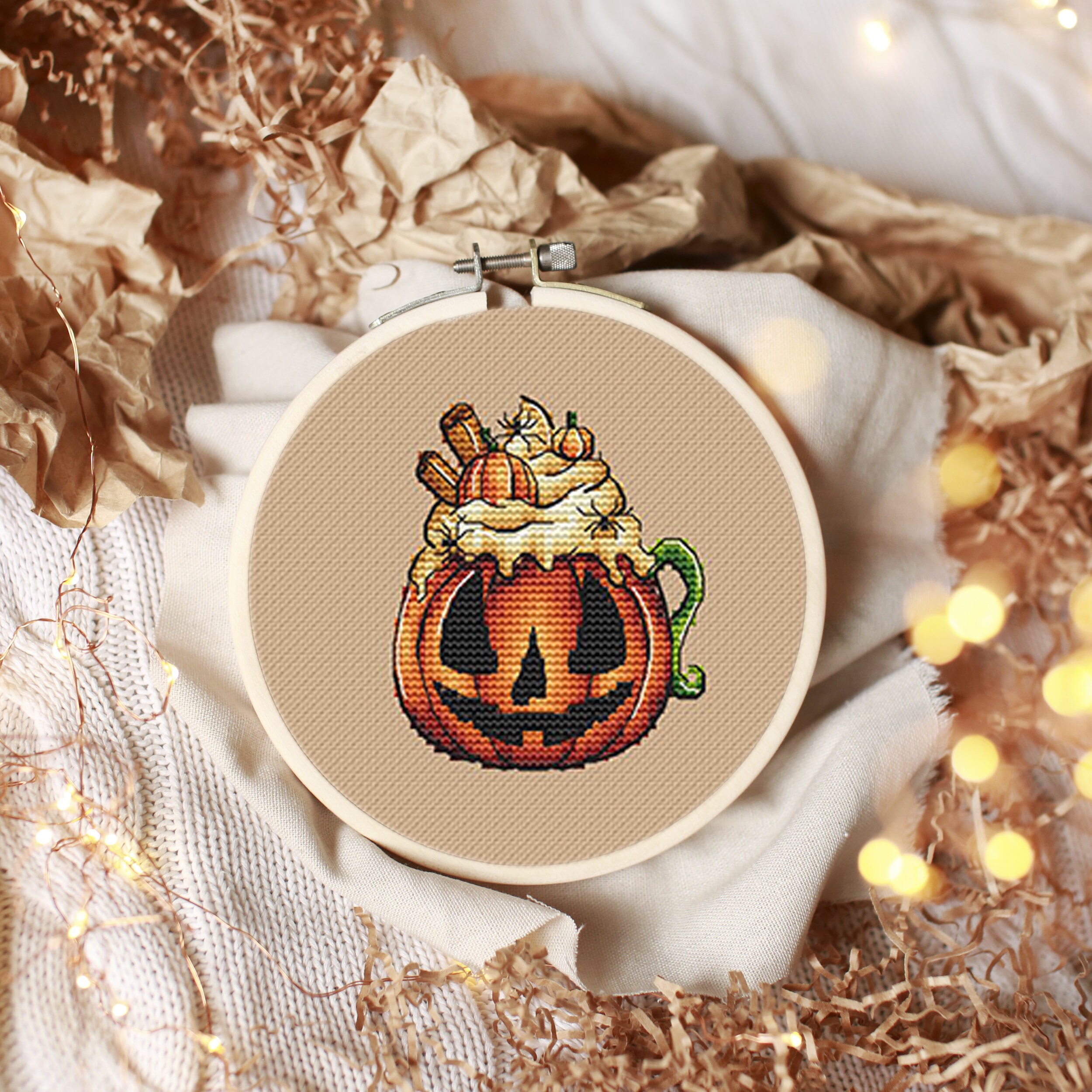 Pumpkin Coffee Cup Halloween Cross Stitch Pattern Spooky Cross Stitch ...