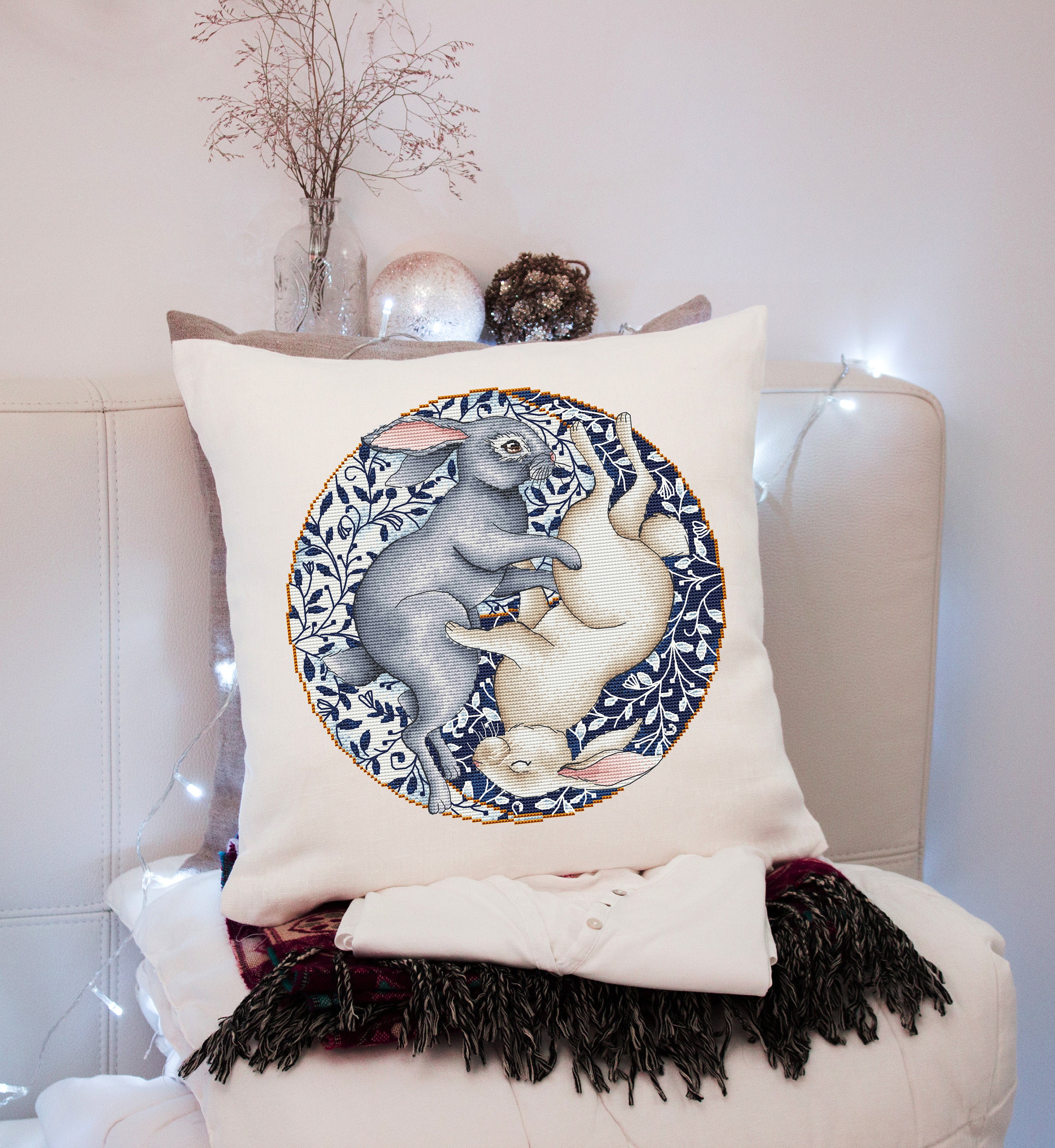 Yin Yang Rabbits Cross Stitch Pattern – Two Bunnies in Circle, Blue ...