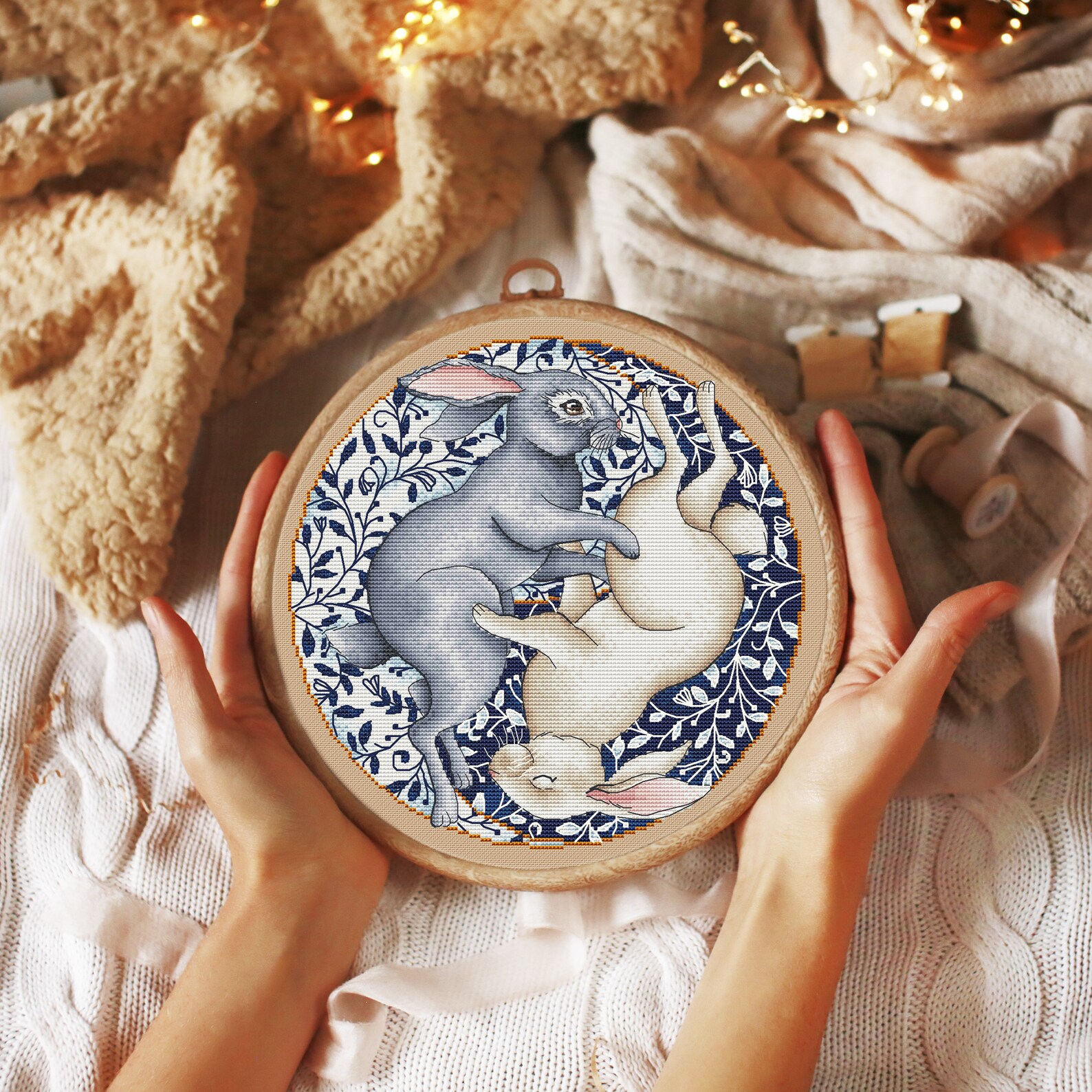 Yin Yang Rabbits Cross Stitch Pattern – Two Bunnies in Circle, Blue ...