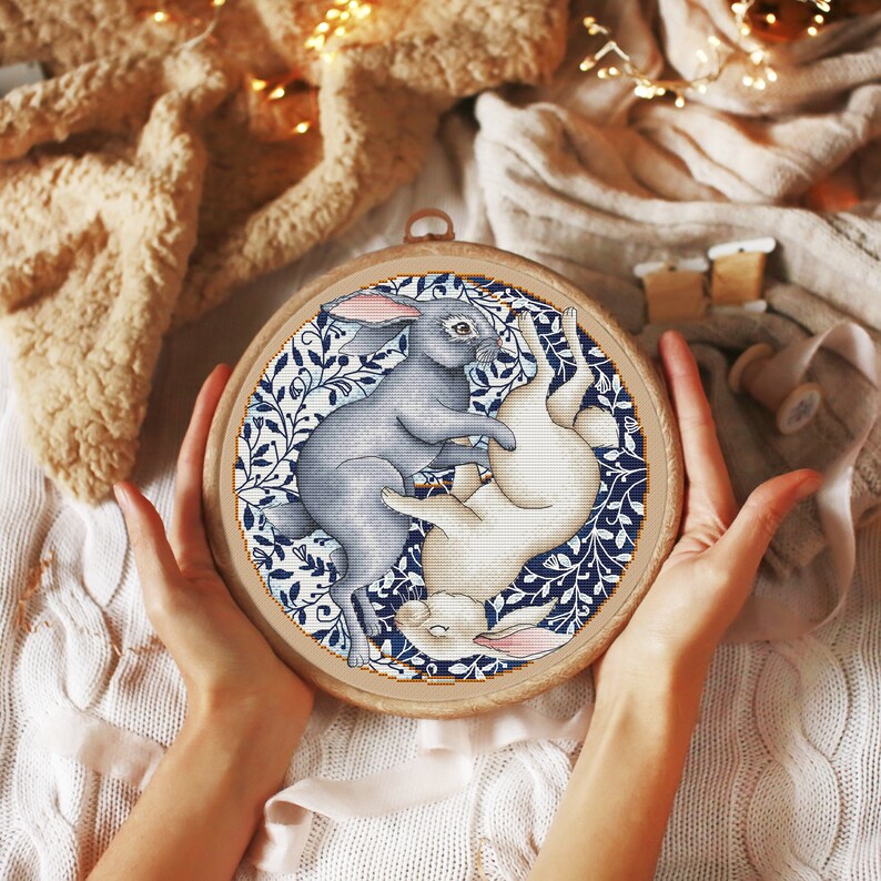 Yin Yang Rabbits Cross Stitch Pattern – Two Bunnies in Circle, Blue ...