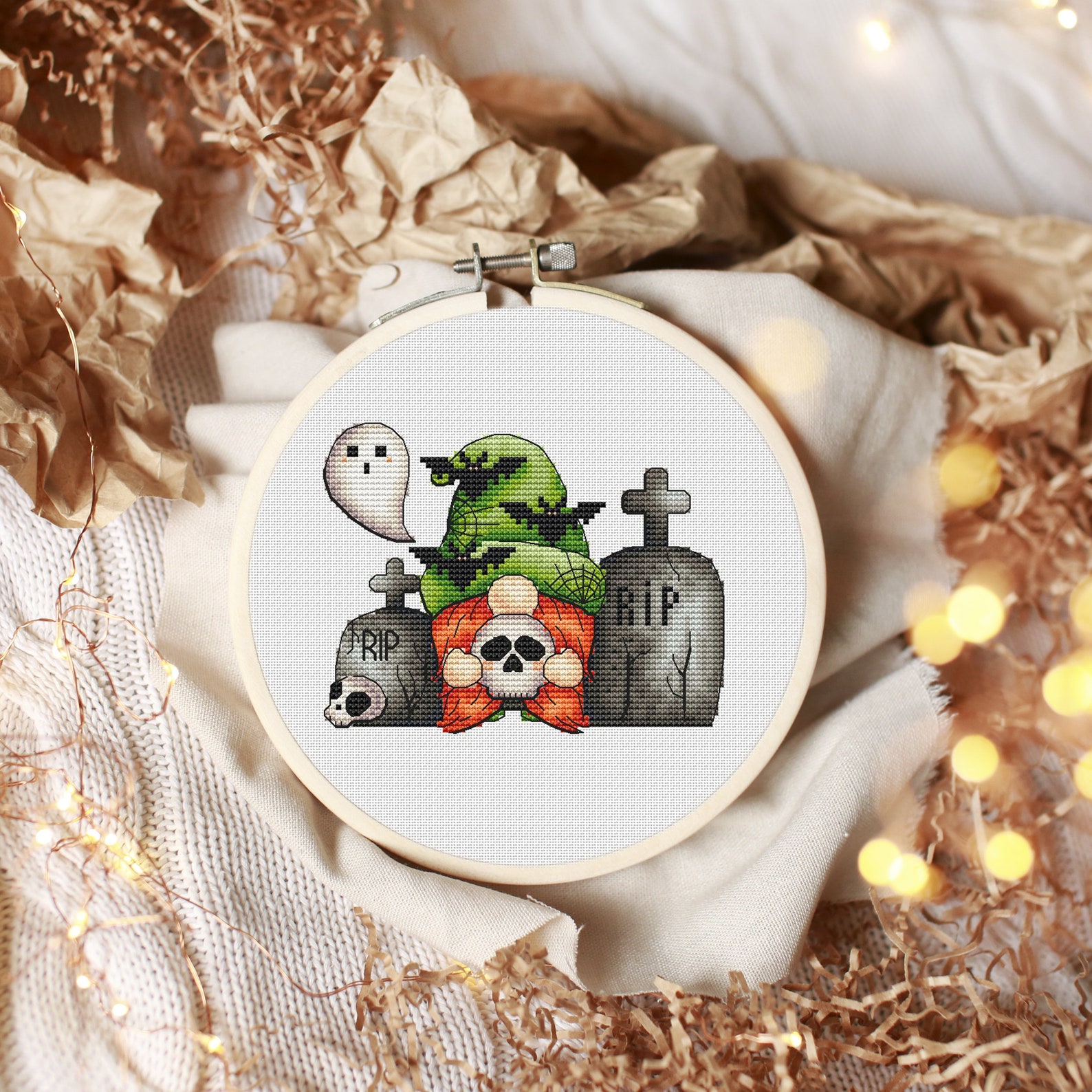 Witcher Gnome on Graveyard Halloween Cross Stitch Pattern Bat - Etsy UK