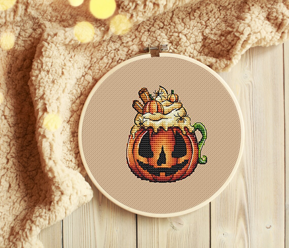 Pumpkin Coffee Cup Halloween Cross Stitch Pattern Spooky Cross Stitch ...