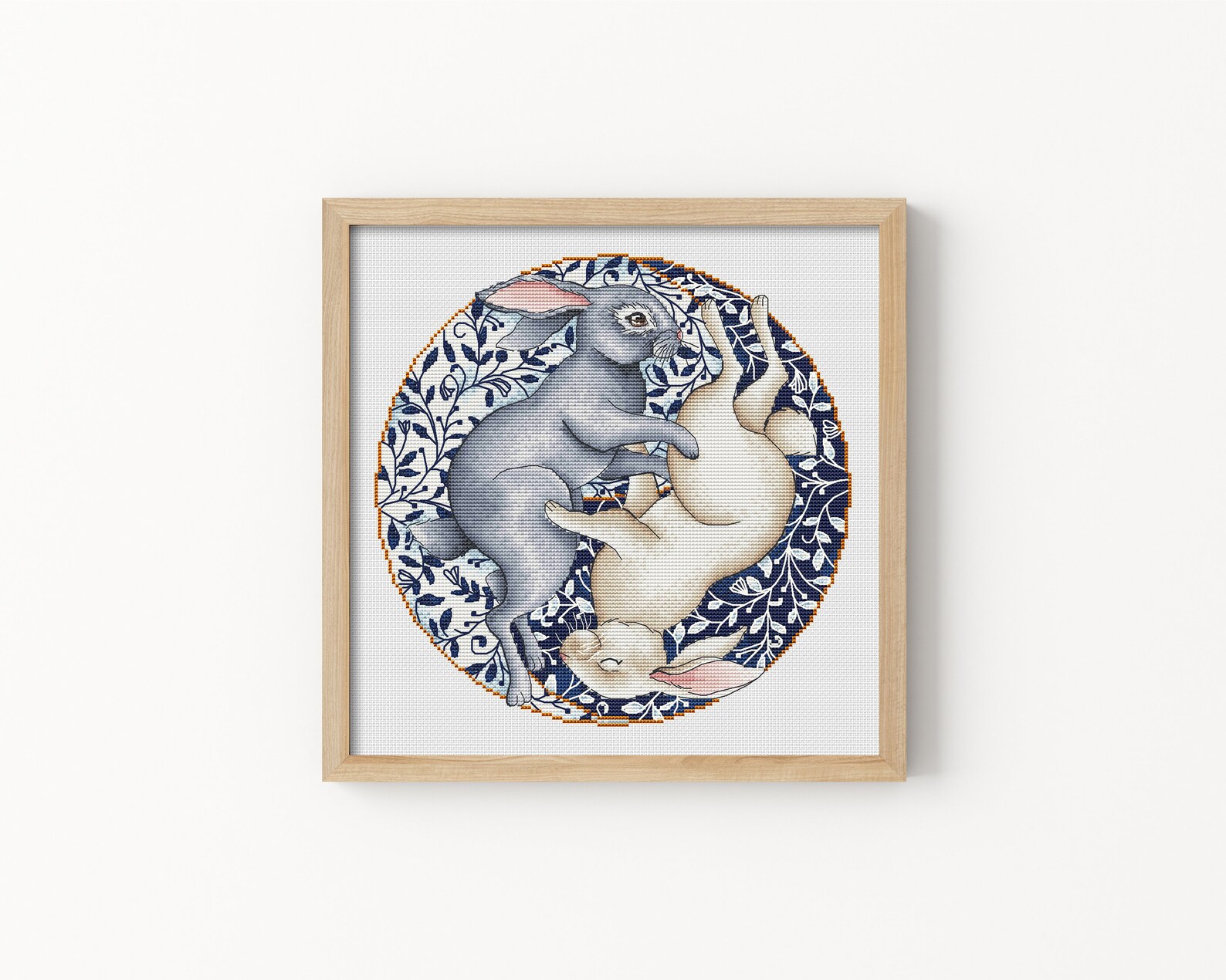 Yin Yang Rabbits Cross Stitch Pattern – Two Bunnies in Circle, Blue ...