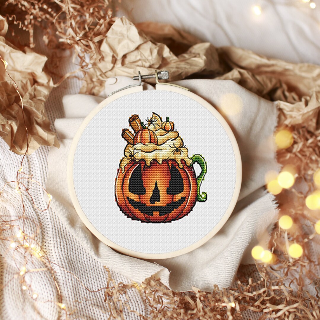 Pumpkin Coffee Cup Halloween Cross Stitch Pattern Spooky Cross Stitch ...