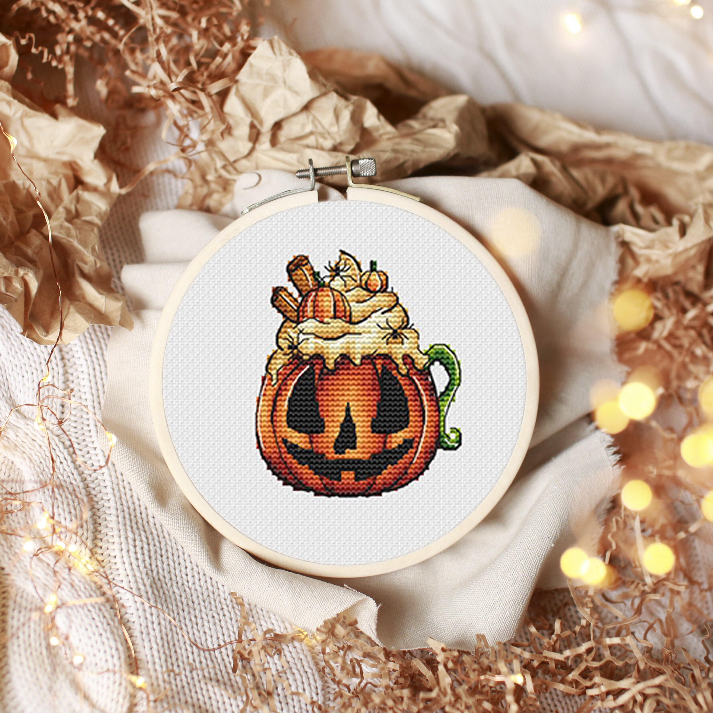 Pumpkin Coffee Cup Halloween Cross Stitch Pattern Spooky Cross Stitch ...