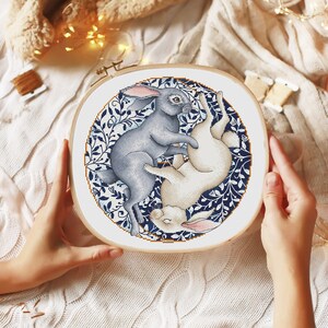 Yin Yang Rabbits Cross Stitch Pattern – Two Bunnies in Circle, Blue ...