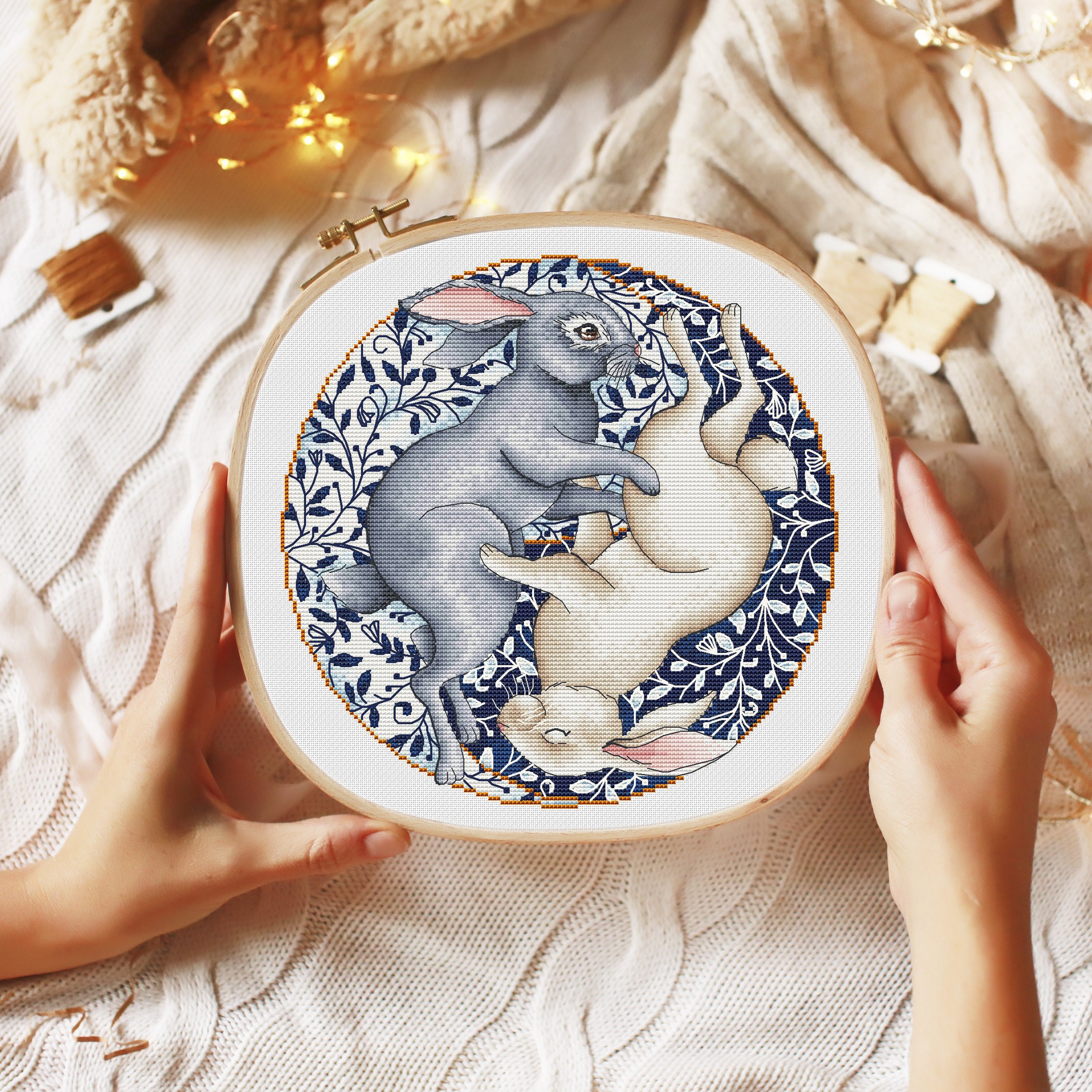 Yin Yang Rabbits Cross Stitch Pattern – Two Bunnies in Circle, Blue ...