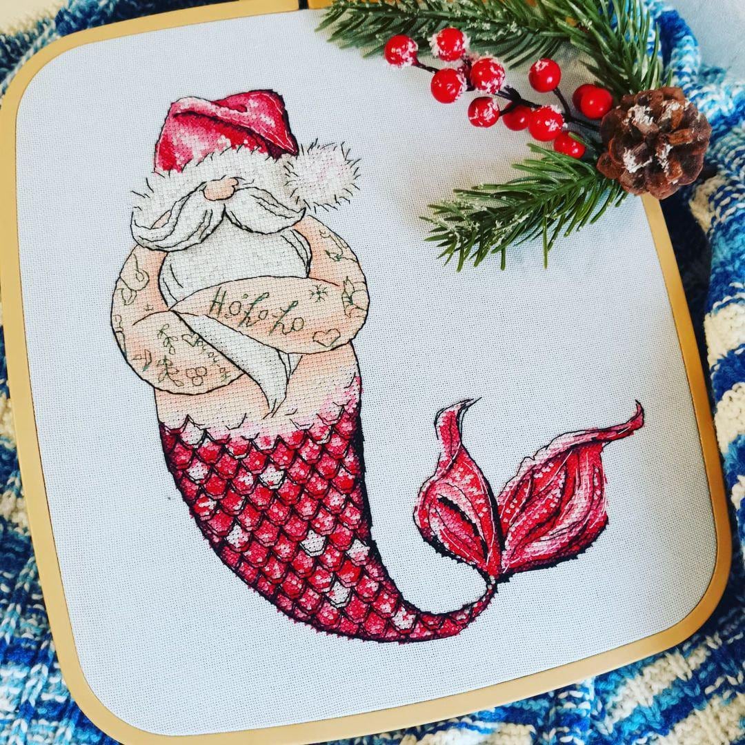 Santa Merman Cross Stitch Pattern, Funny Christmas Embroidery, Tattooed ...