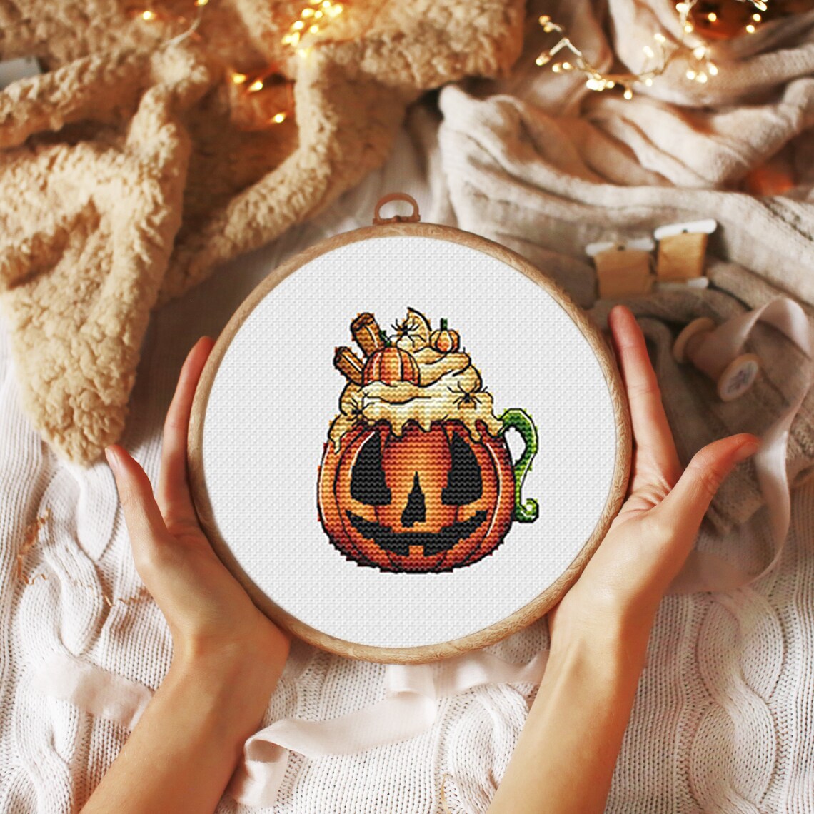 Pumpkin Coffee Cup Halloween Cross Stitch Pattern Spooky Cross Stitch ...