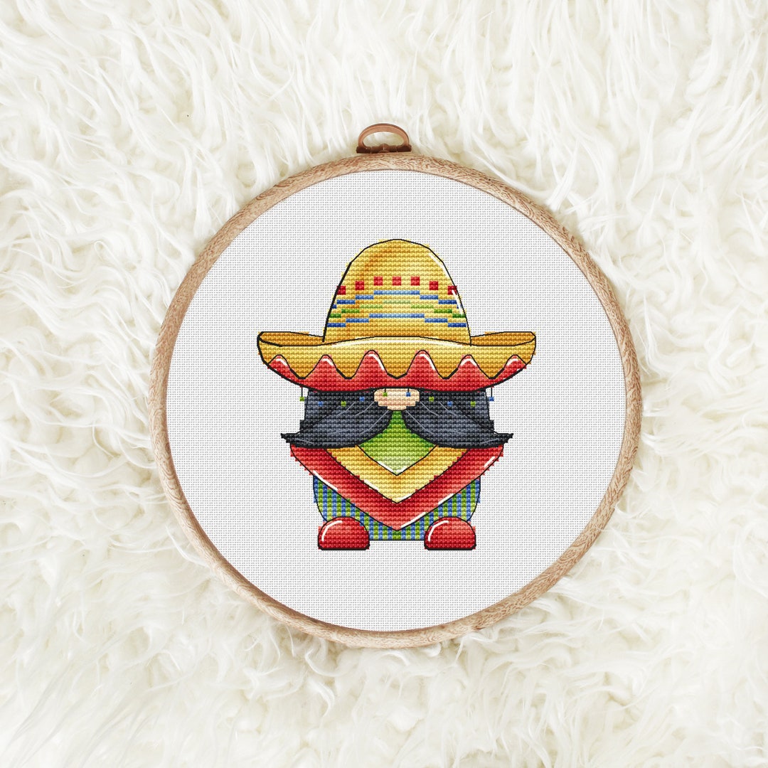 Mustache Gnome Cross Stitch Pattern, Sombrero Poncho Gnome, Latina ...