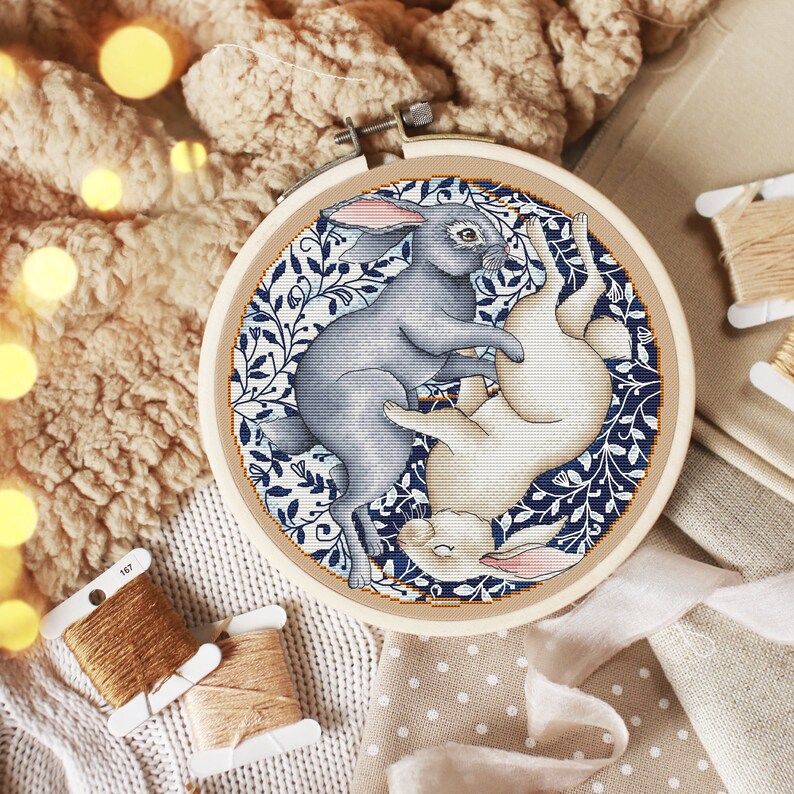 Yin Yang Rabbits Cross Stitch Pattern – Two Bunnies in Circle, Blue ...