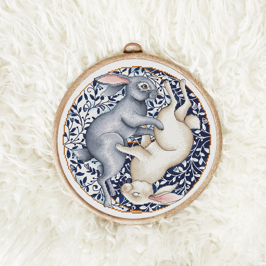 Yin Yang Rabbits Cross Stitch Pattern – Two Bunnies in Circle, Blue ...