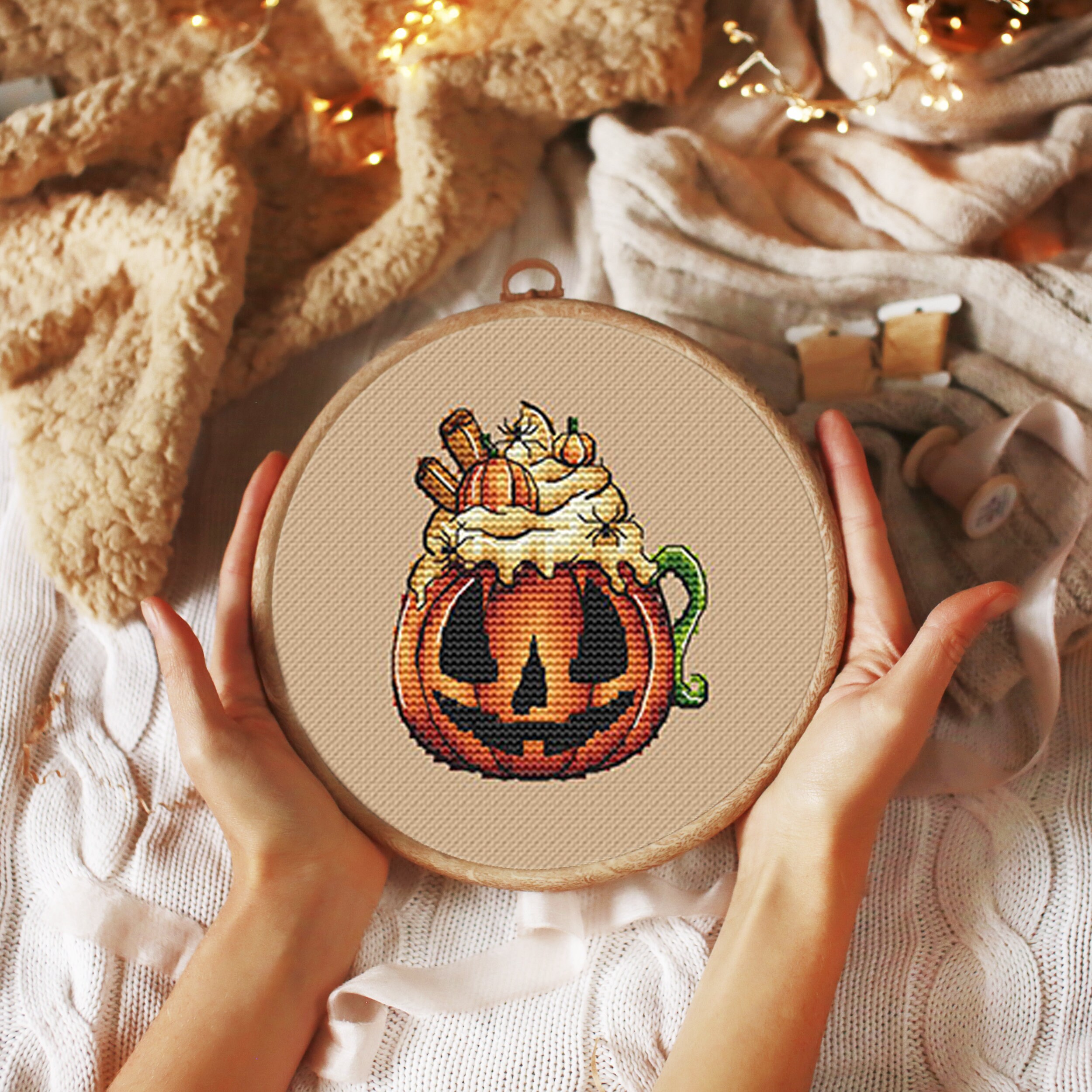Pumpkin Coffee Cup Halloween Cross Stitch Pattern Spooky Cross Stitch ...