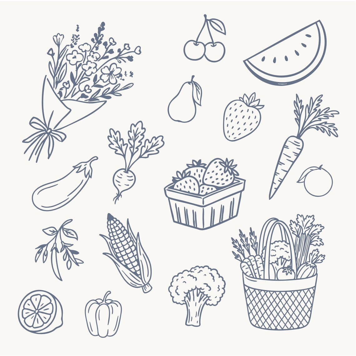 Farmers Market Line Art Illustration Bundle | Hand Drawn Produce ...