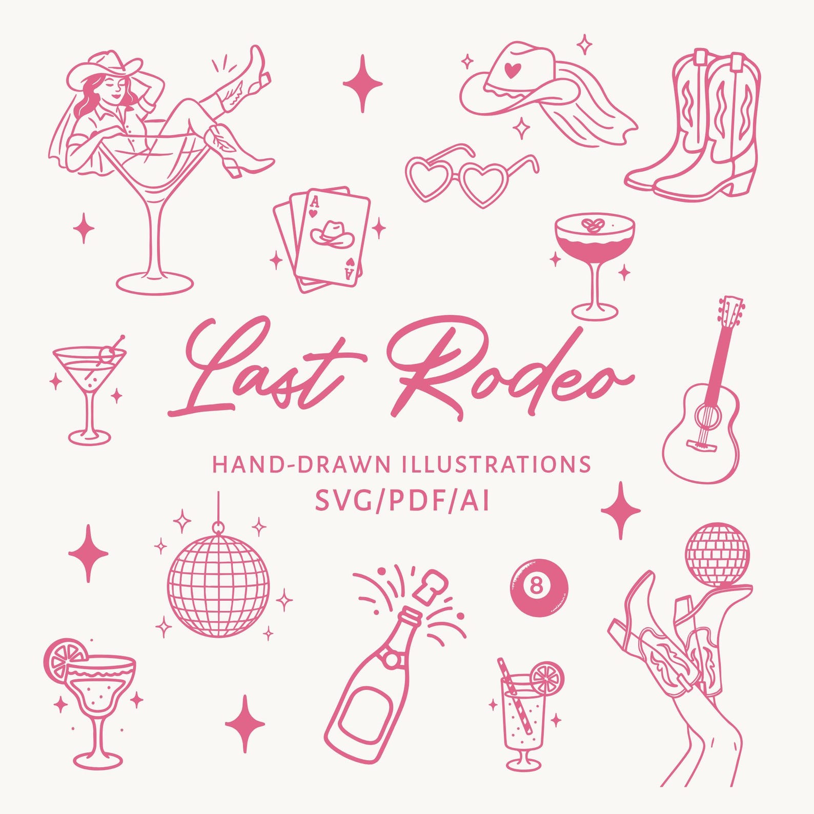 Last Rodeo Line Art Illustration Bundle | Cowgirl Bachelorette Party ...