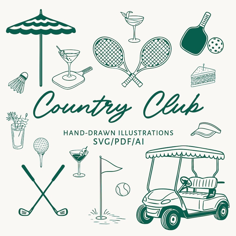 Country Club Illustration Bundle | Hand Drawn Icons | Golf & Tennis ...