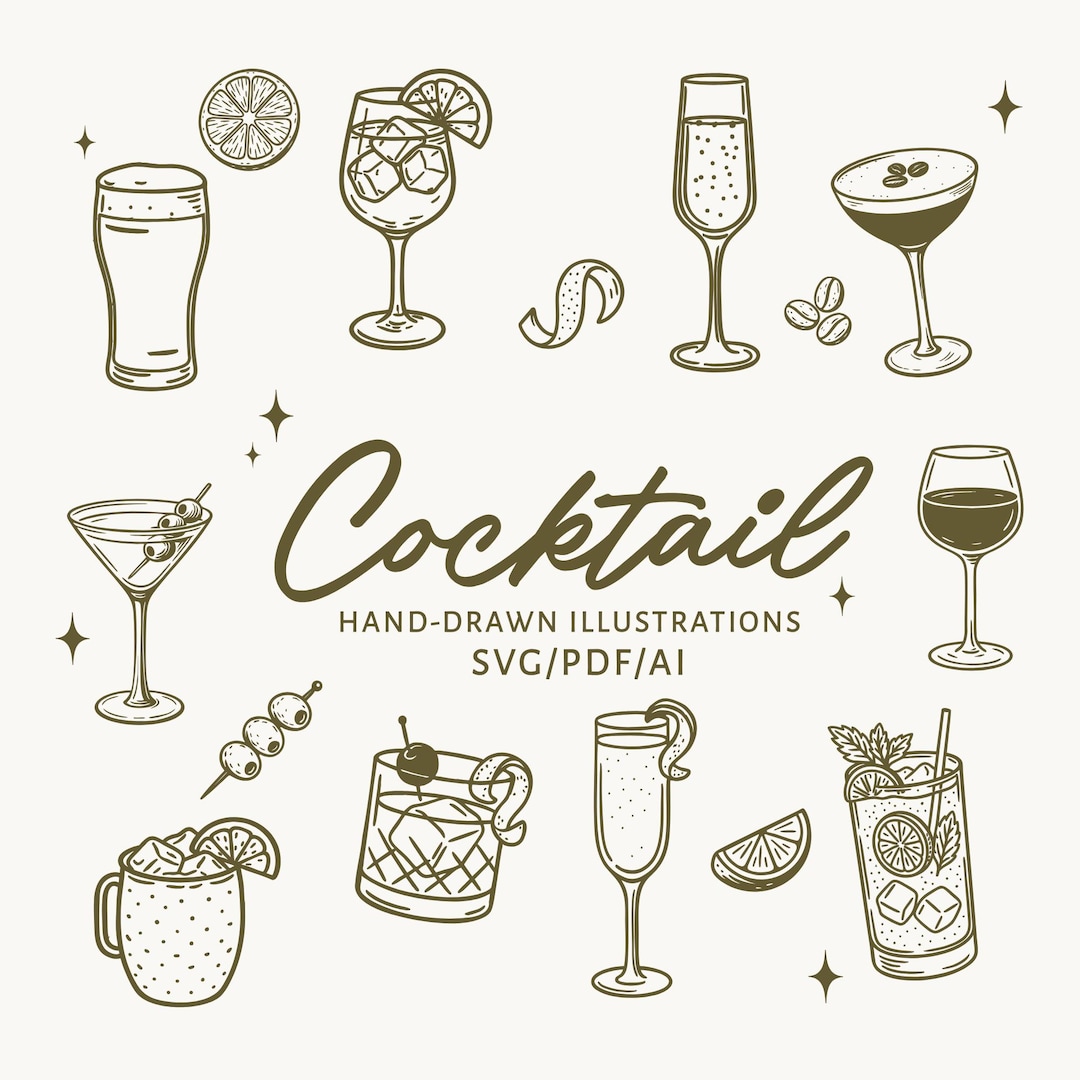 Cocktail Line Art Illustration Bundle | 20 Hand Drawn Bar Drink Icons ...