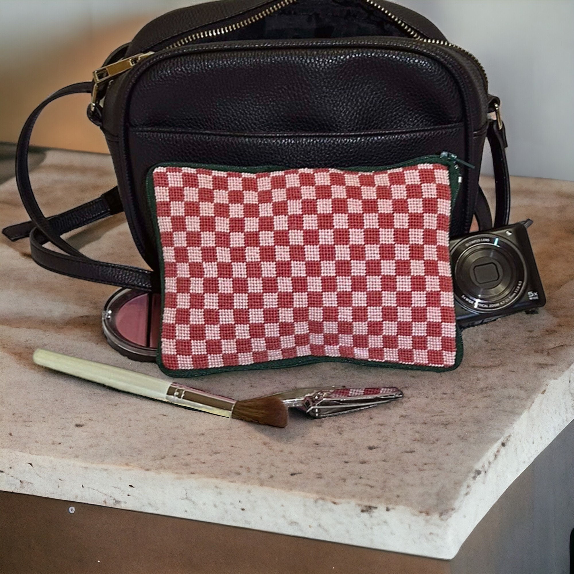 Toiletry and Cosmetic Bag Distinctive Checkerboard Design, Needlepoint ...