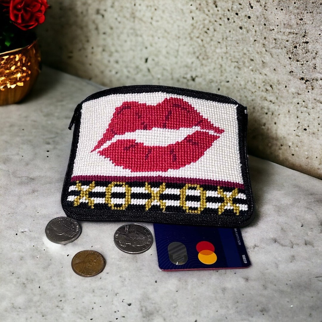 Stylish Red Lip Kisses Needlepoint Coin Purse and Credit Card Holder ...