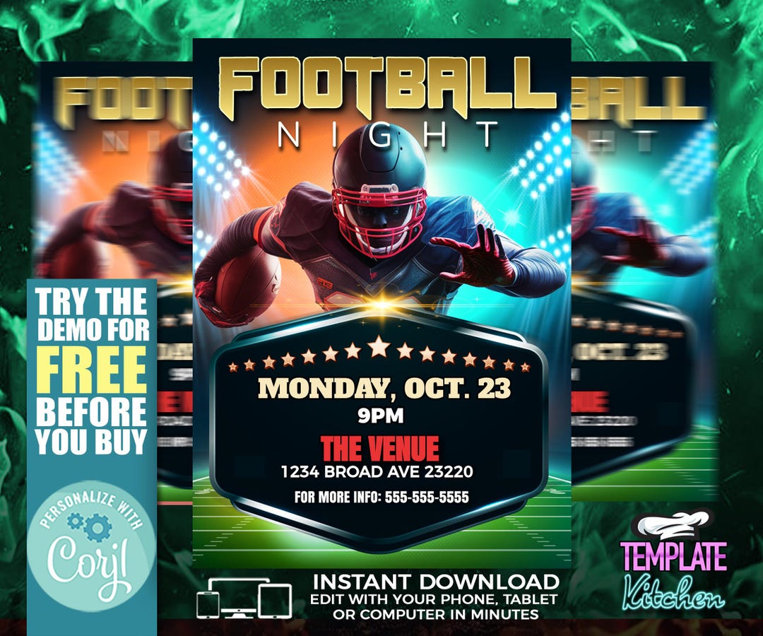 Football Night Flyer Template | Editable Corjl Flyer | Game Day Party ...