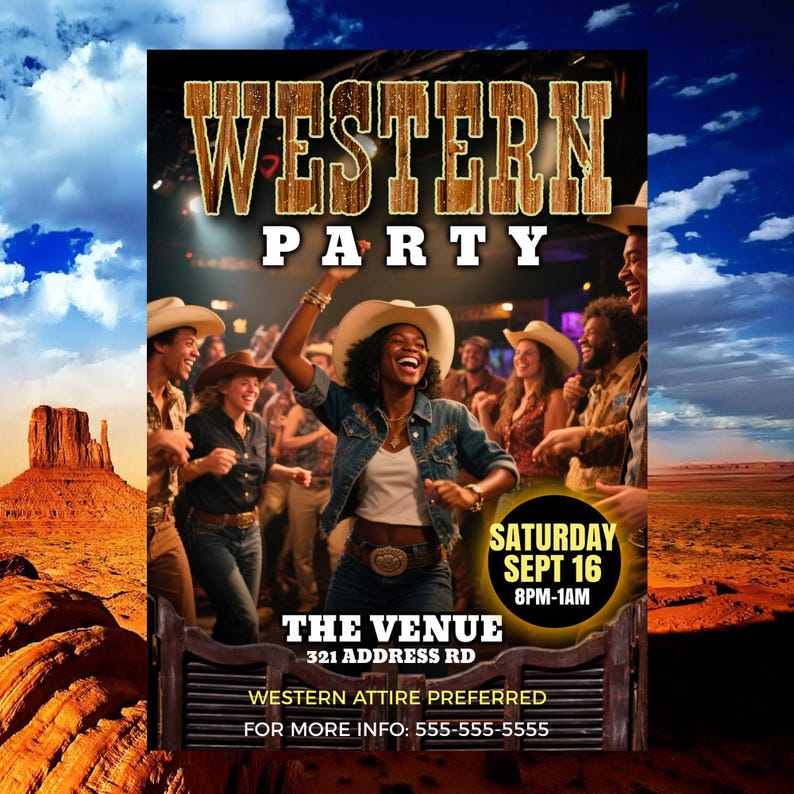 Rustic Western Party Flyer Template | Rodeo, Barn Dance (editable Corjl ...
