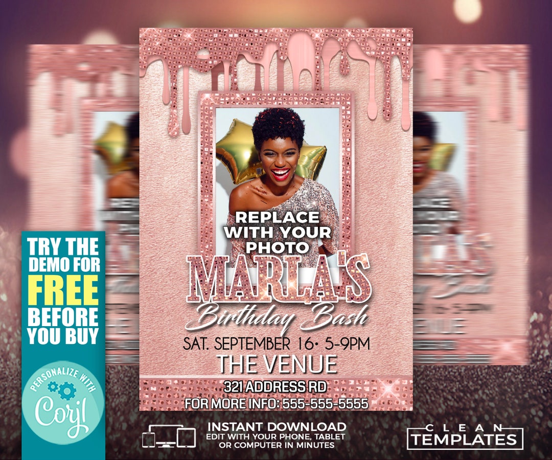 Rose Glitter Birthday Party Flyer | Edit Online | 5X7 Digital ...