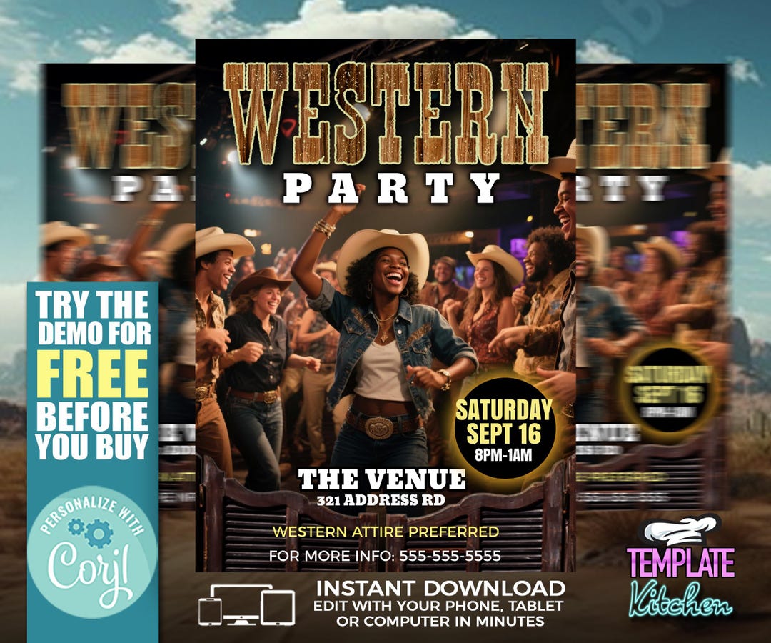 WESTERN PARTY Flyer Template | Editable Corjl Template | Rustic Cowboy ...