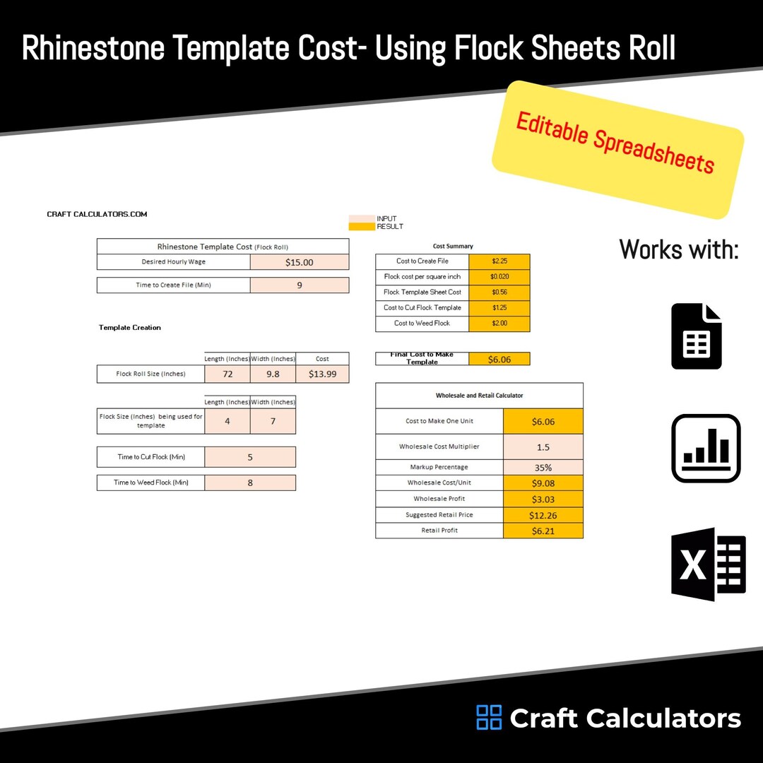 Rhinestone Template Cost Calculator: Flock Roll Spreadsheet - Etsy