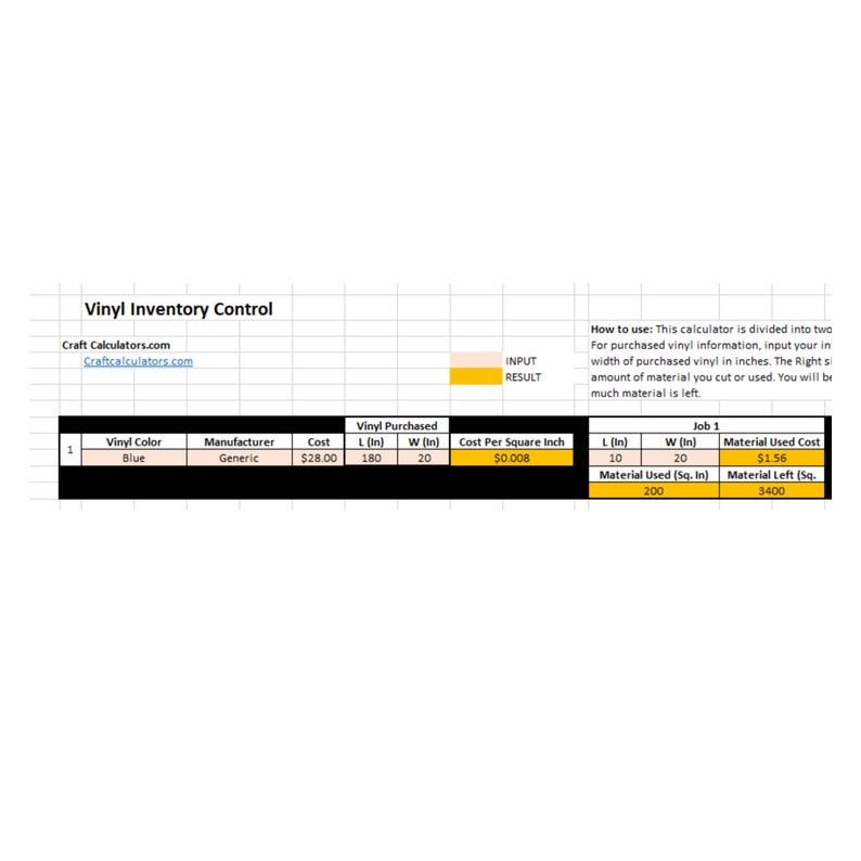 Vinyl Inventory Control Spreadsheet: Material Cost Calculator (XLSX) - Etsy