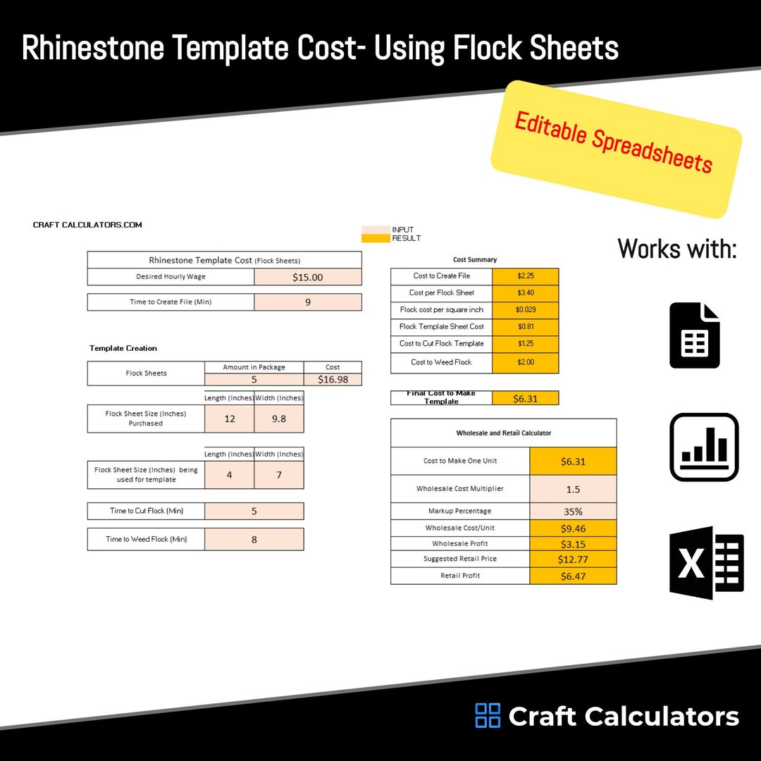 Rhinestone Template Cost Calculator: Flock Sheets (google Sheets, Excel ...