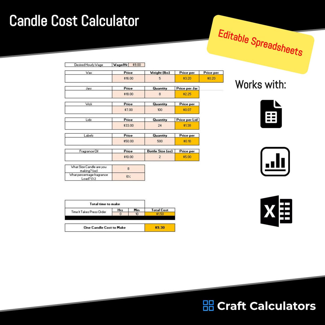 Candle Cost Calculator Editable Spreadsheet Custom Candle Making Cost ... Candle Cost Calculator Editable Spreadsheet Custom Candle Making Cost ...