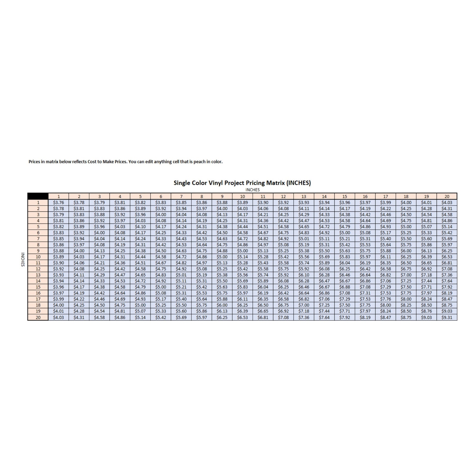 Vinyl Decal Pricing Matrix Spreadsheet: Automated Cost Calculator - Etsy