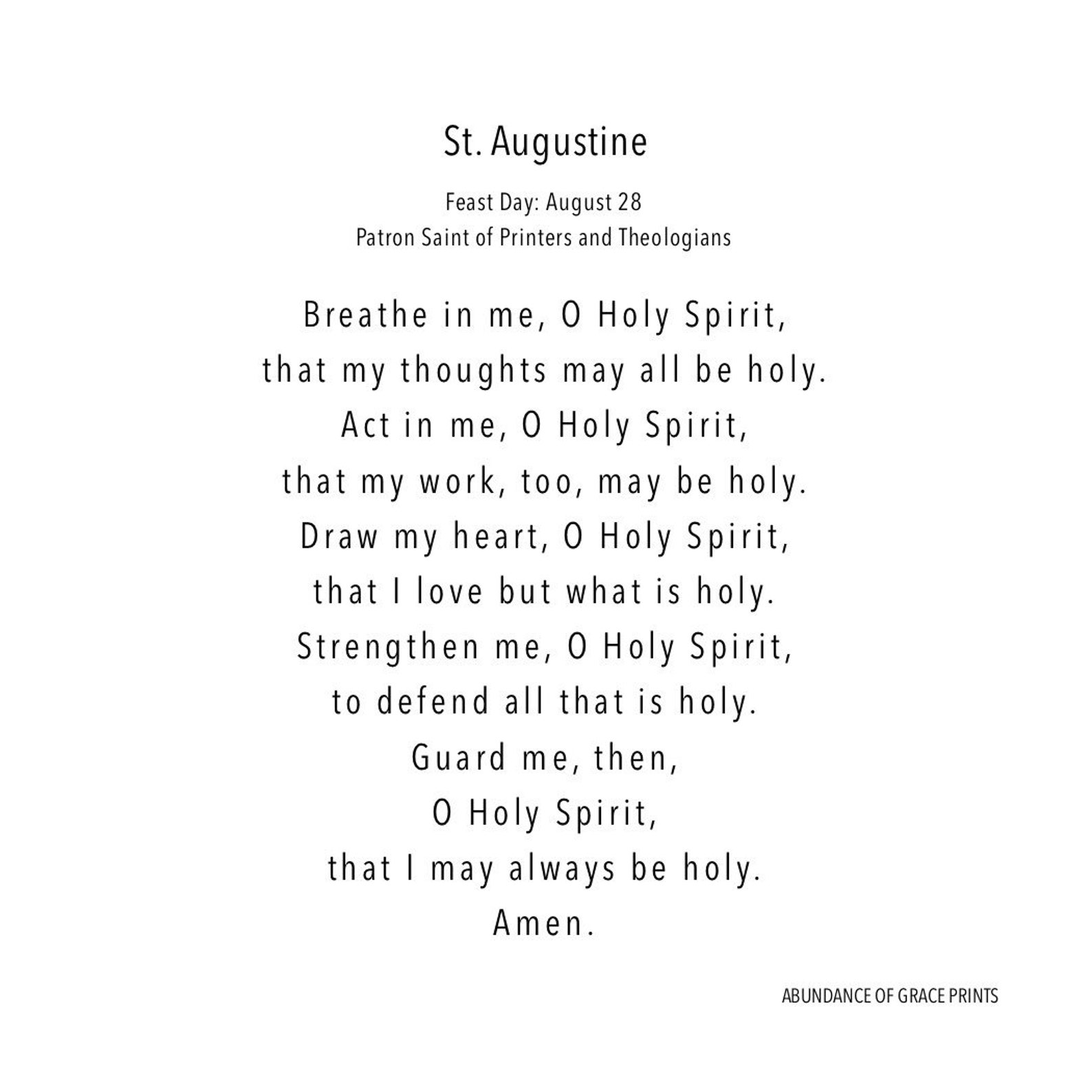 St. Augustine Prayer Catholic Saint Holy Spirit Prayer | Etsy