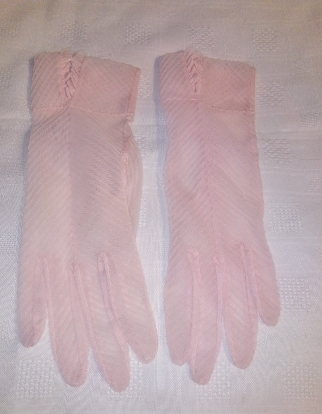 Vintage Sheer Pink Chiffon Gloves Size 7 Ruffle Slit Cuff and Pattern ...