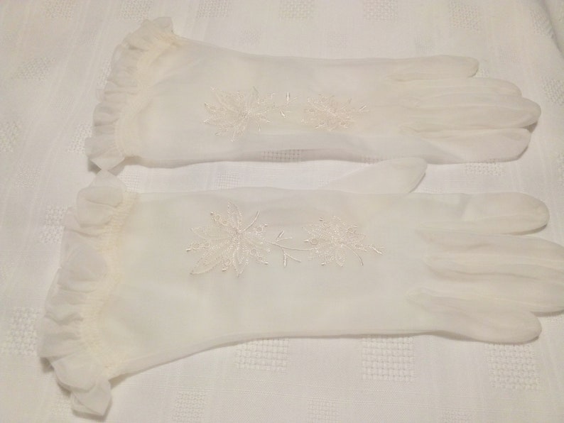 Vintage Sheer White Chiffon Gloves With Delicate Design and Ruffle ...