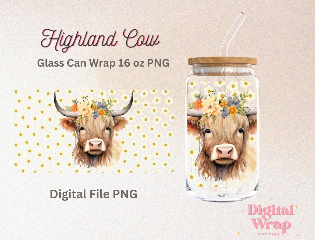 Highland Cow 16 Oz Png Glass Cup Wrap | Cow Glass Cup Wrap ...